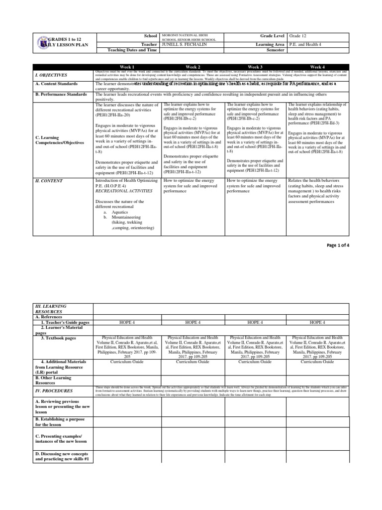DLP in Pe4 | PDF | Teachers | Learning