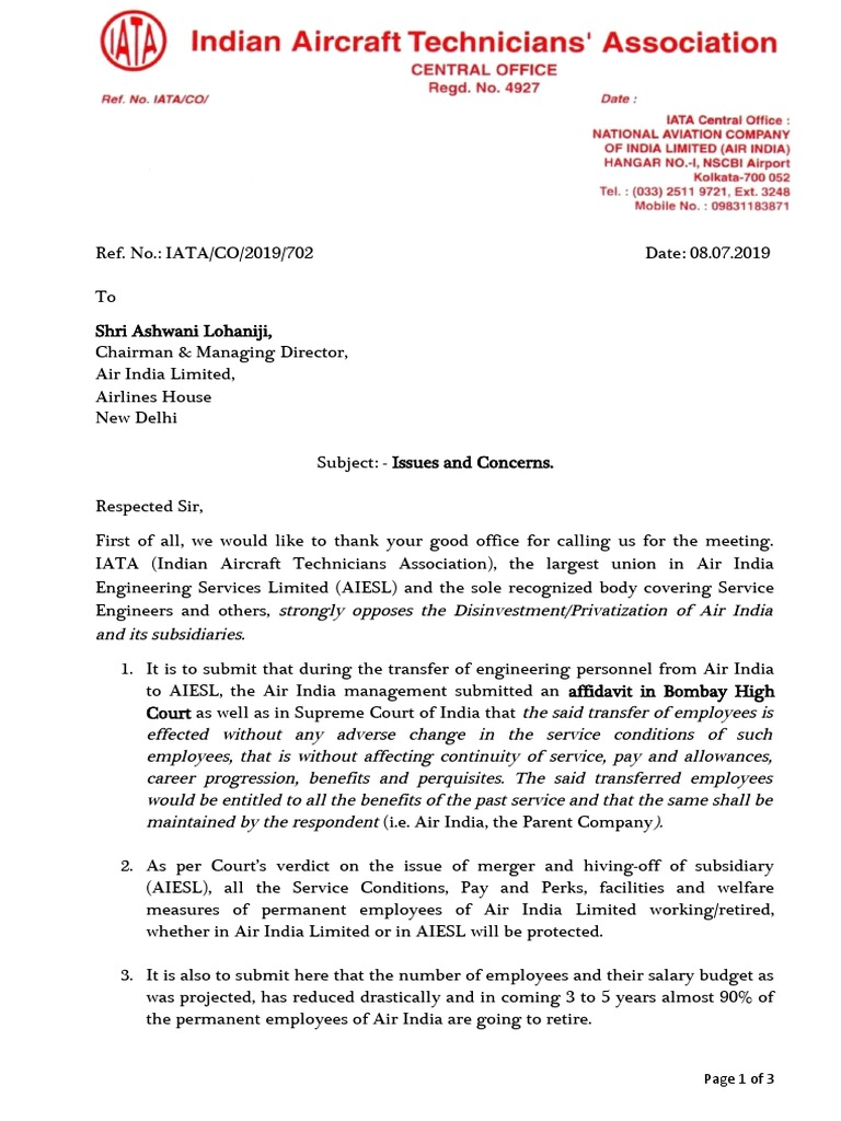 IATA Letter To CMD | PDF | Employee Benefits | Salary