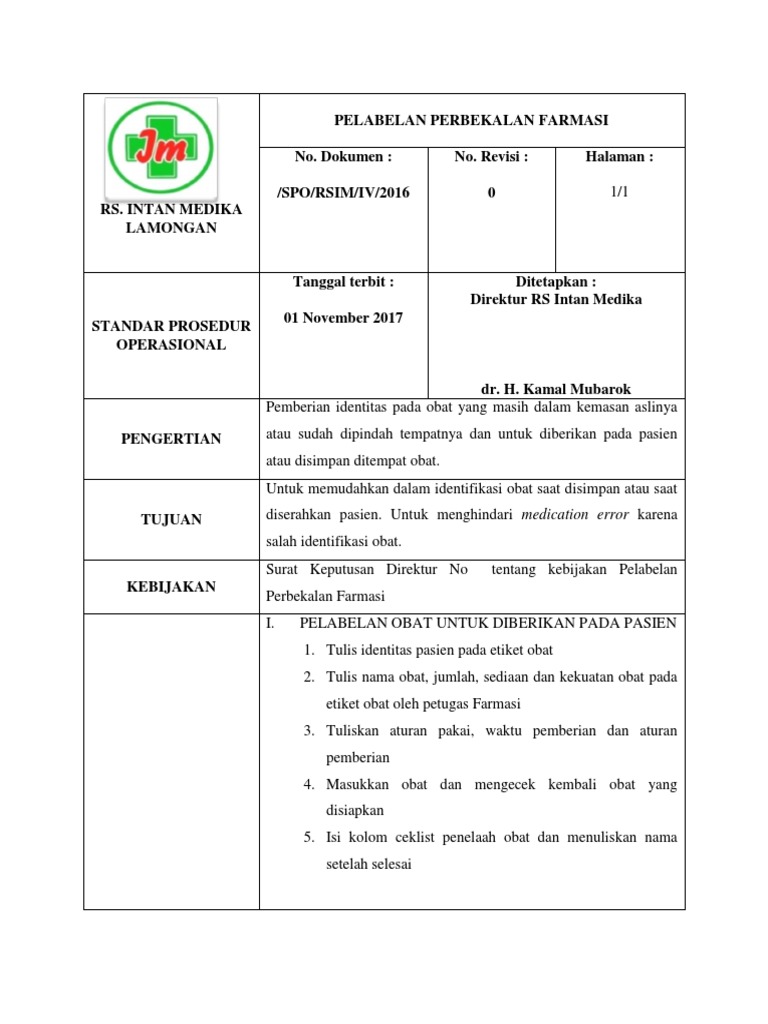 Pelabelan Perbekalan Farmasi RS Intan Medika | PDF