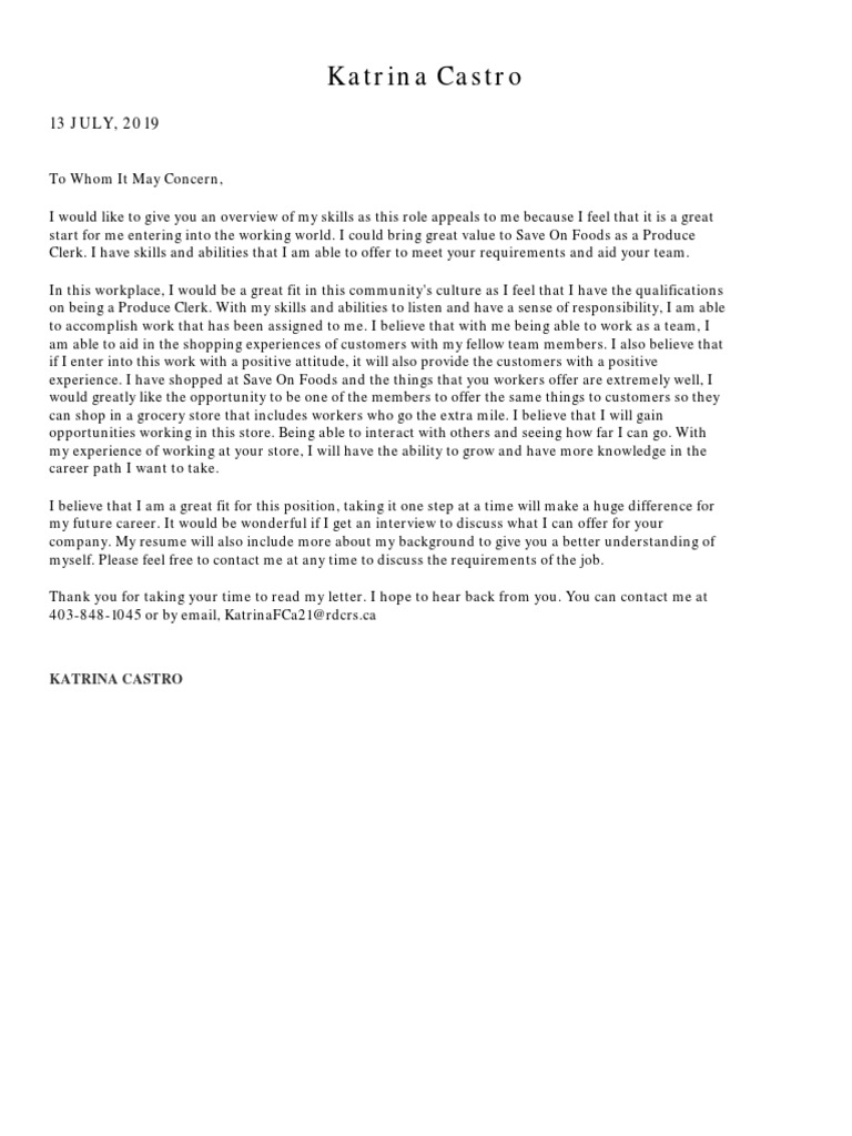 Katrina Castro Cover Letter - Katrinas Cover Letter | PDF