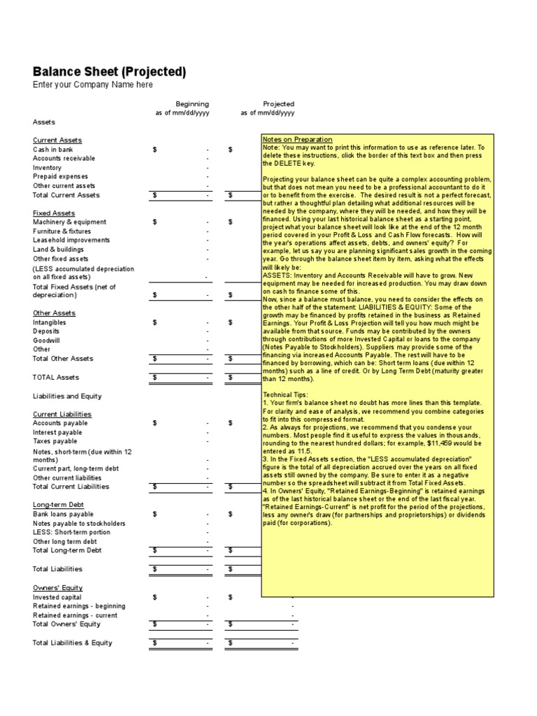 Balance Sheet (Projected) : Enter Your Company Name Here | PDF ...
