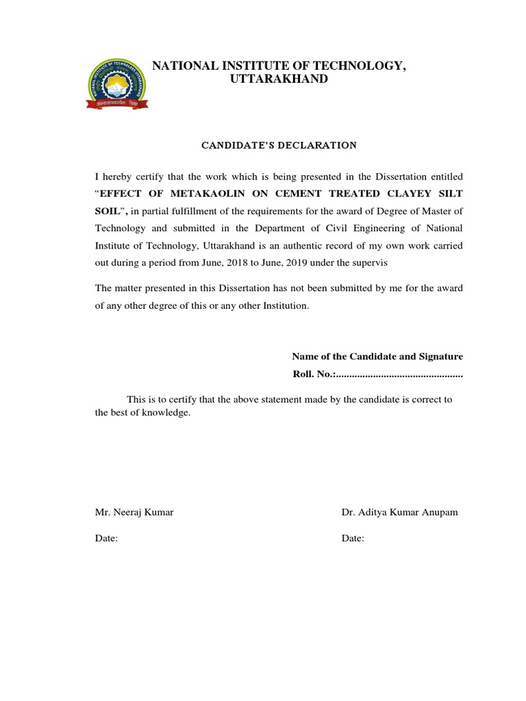 National Institute of Technology, Uttarakhand: Candidate'S Declaration ...