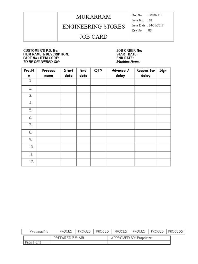 Mukarram Engineering Stores Job Card | PDF