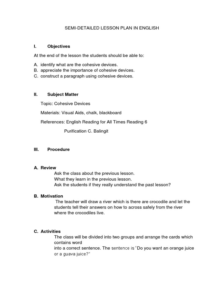 Cohesive Devices Lesson Plan | PDF | Sentence (Linguistics) | English ...