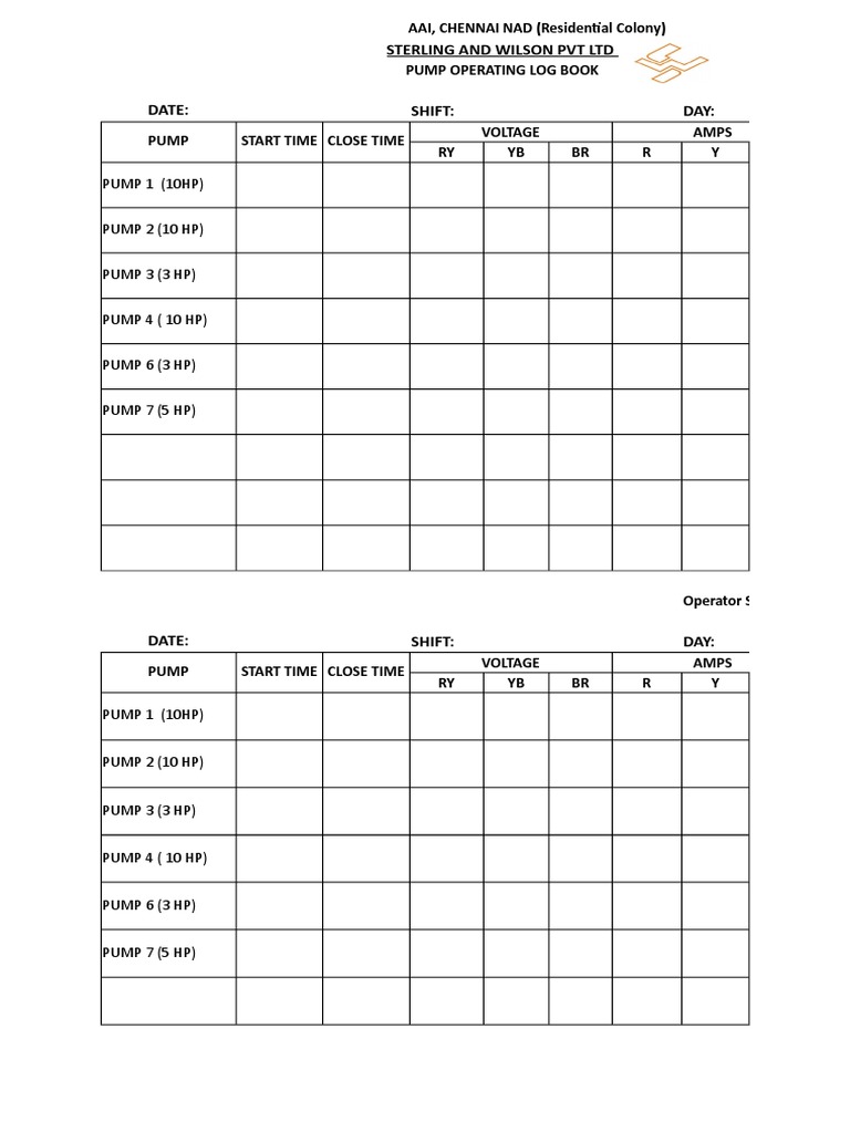 Pump Operating Log Book for Chennai NAD | PDF