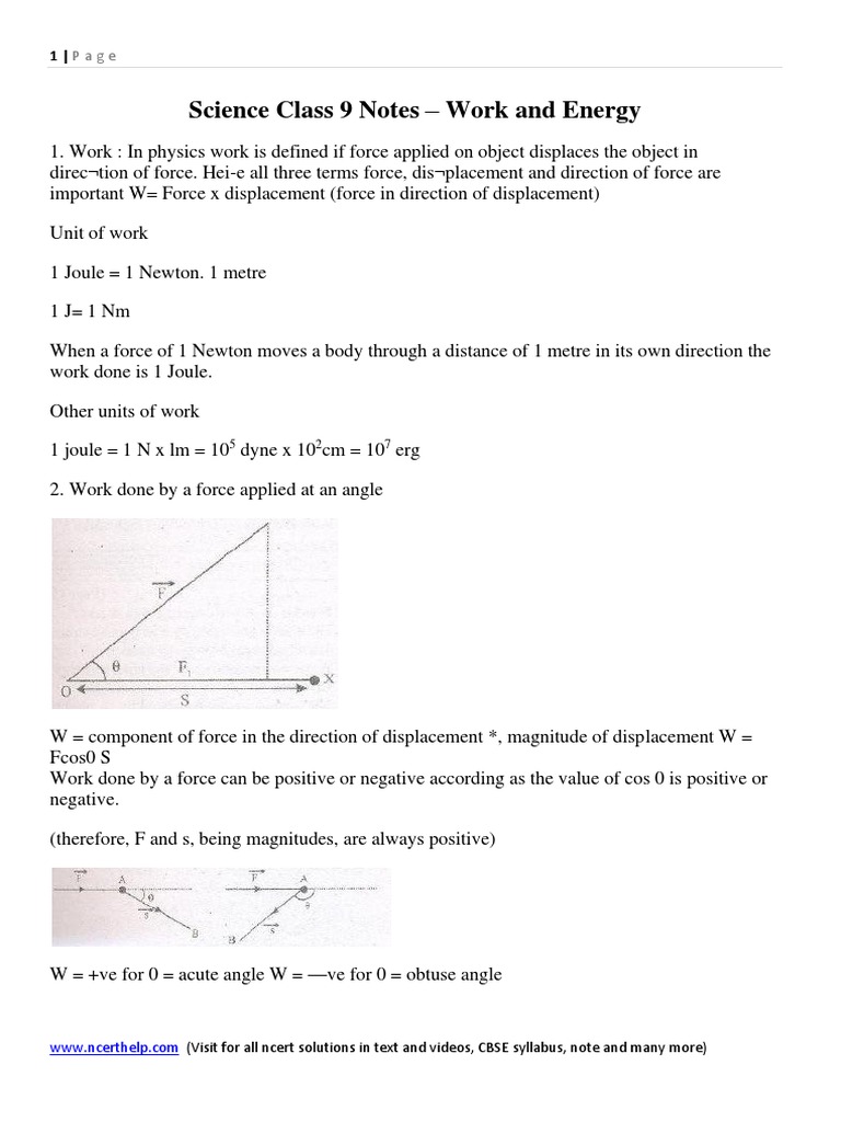 Class 9 Physics: Work and Energy Notes | PDF | Potential Energy ...