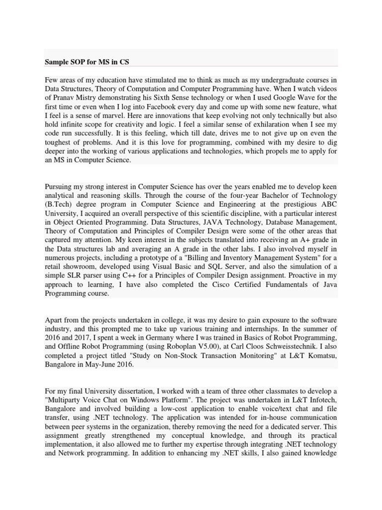 Sop Us MS | PDF | Computer Science | Master Of Science