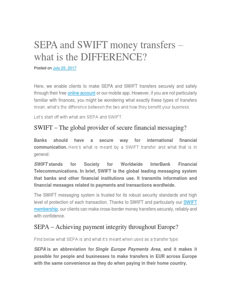 SEPA and SWIFT Money Transfers - What Is The DIFFERENCE?: SWIFT - The ...