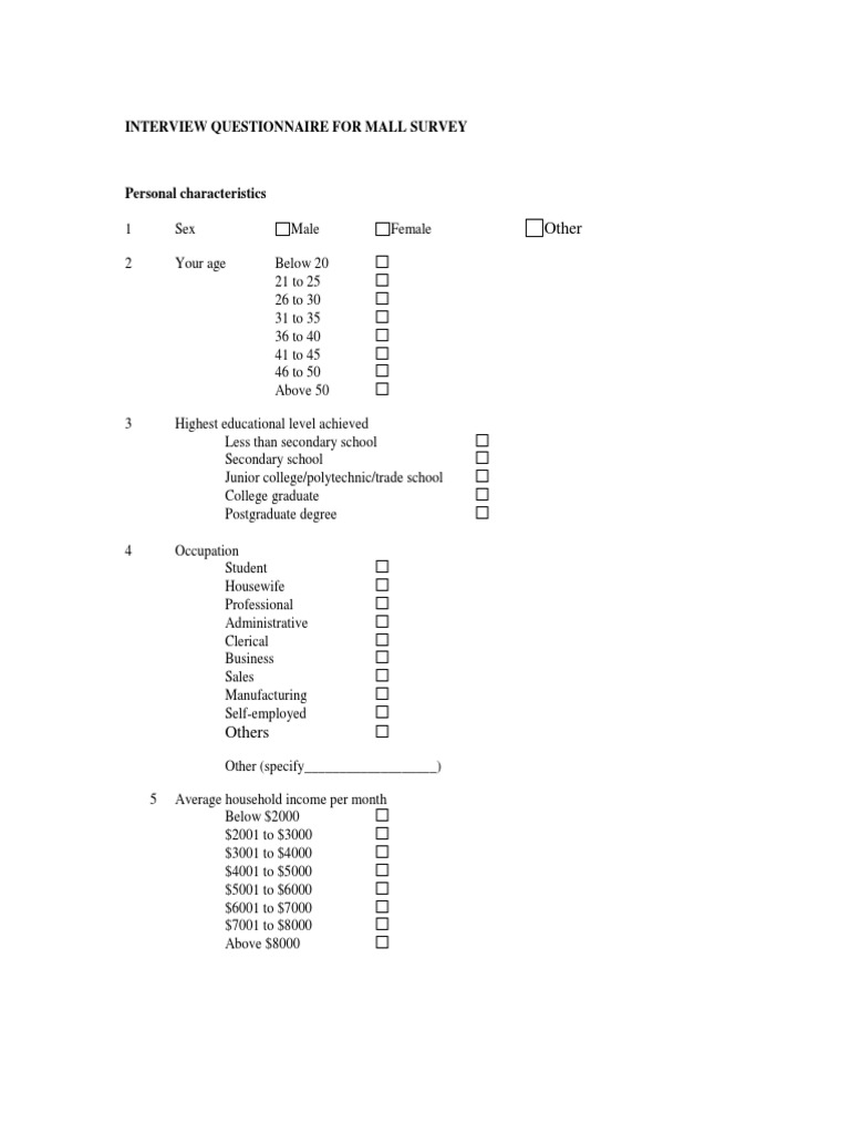Questionnaire For Mall Survey | PDF | Shopping Mall | Business