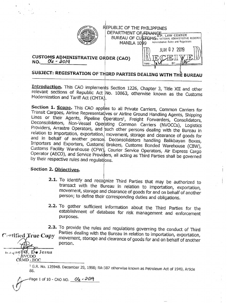 BOC CAO 06-2019-Registration of Third Parties Dealing With BOC | PDF