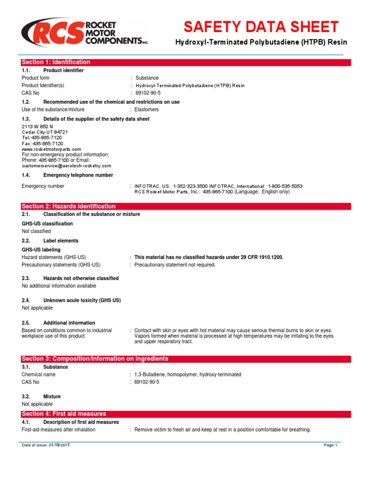 Safety Data Sheet: Hydroxyl-Terminated Polybutadiene (HTPB) Resin | Download Free PDF ...