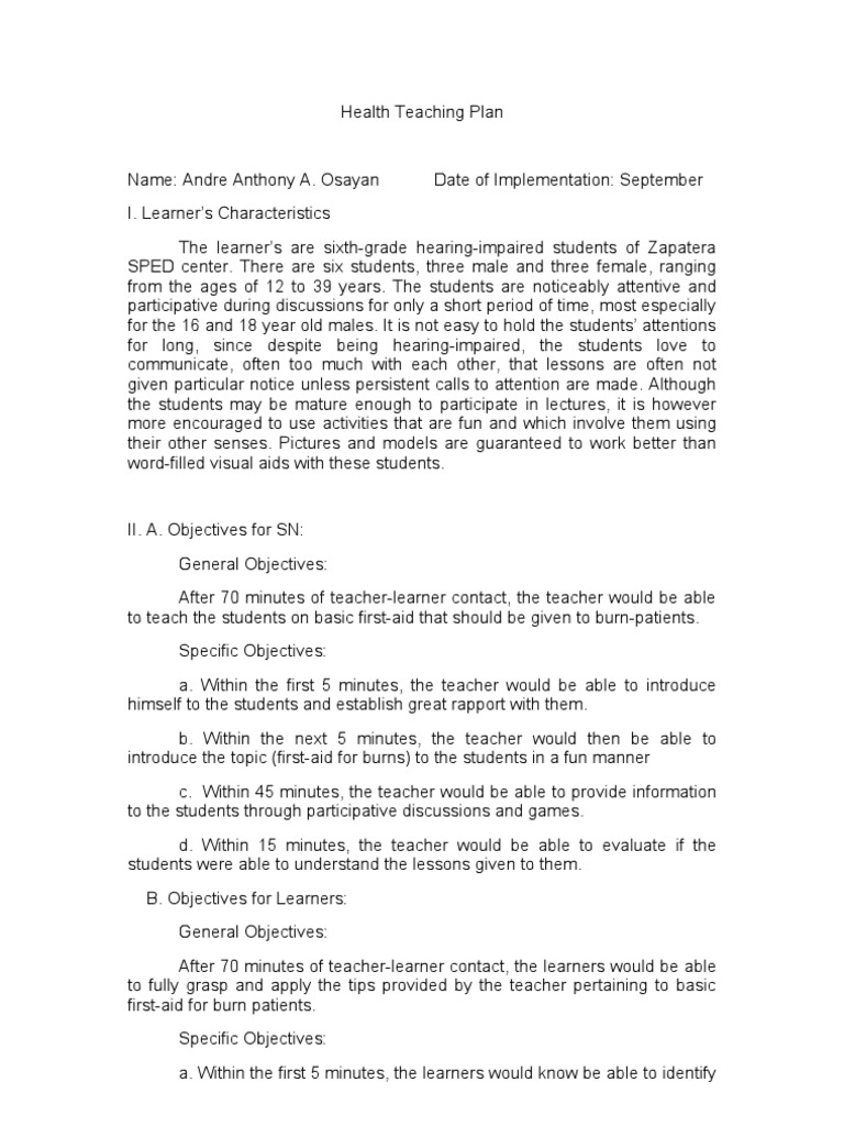 Health Teaching Plan | PDF | First Aid | Teachers