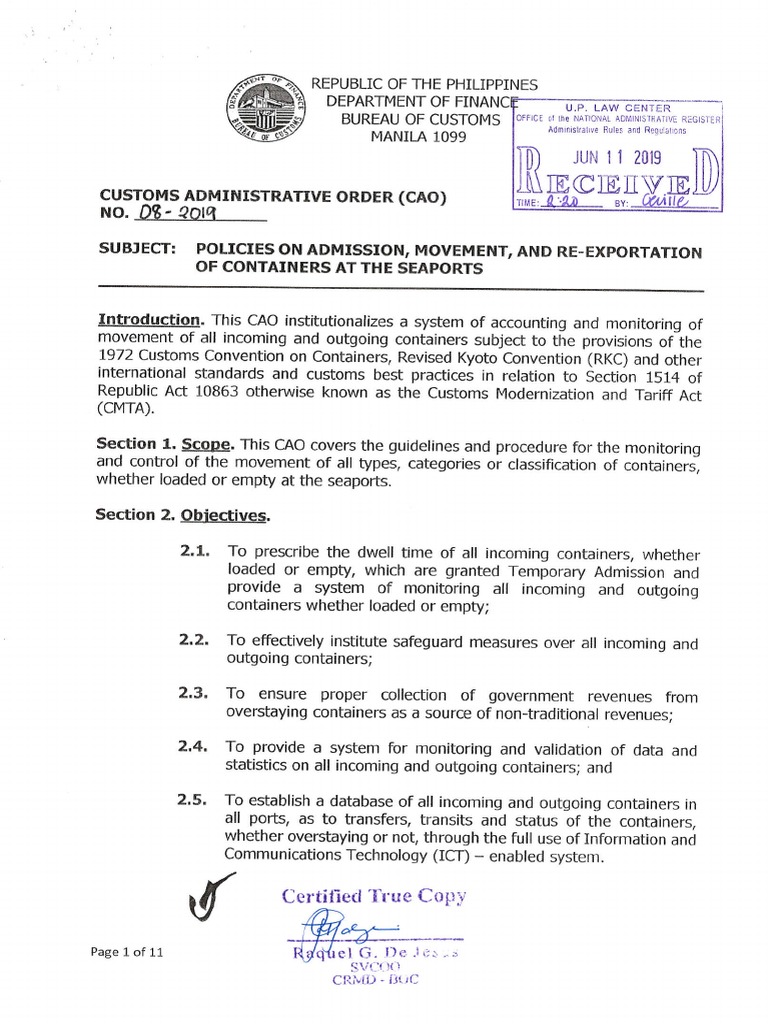 BOC CAO-08-2019- Policies on Admission Movement and Re-export of ...