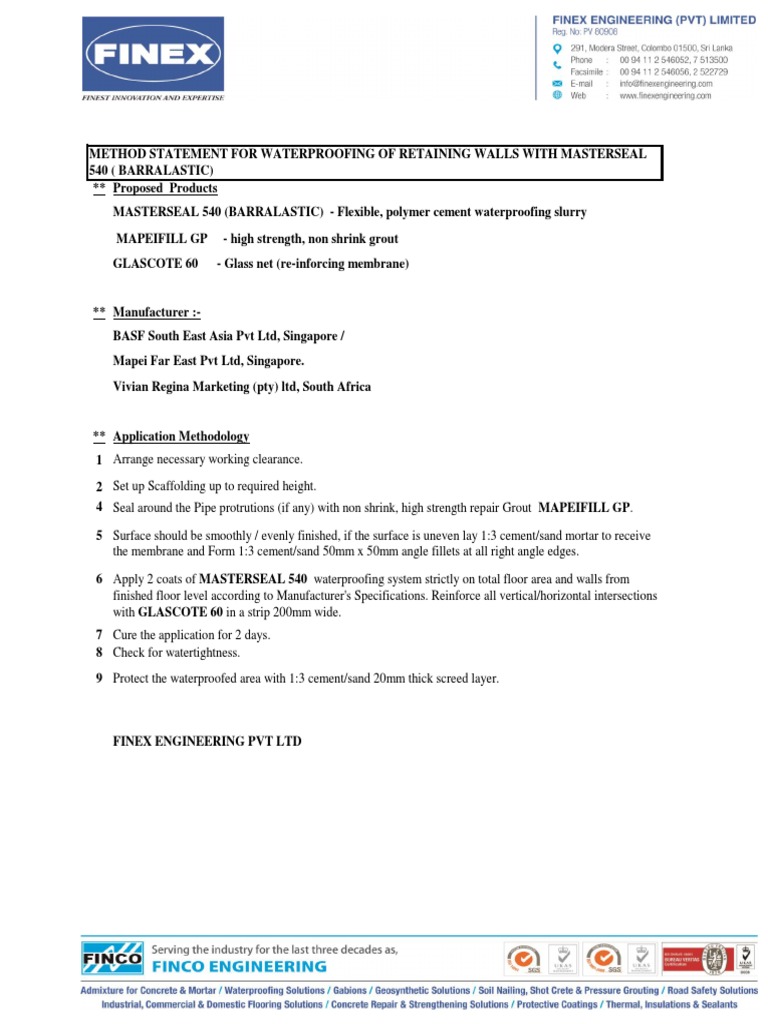 Water Proofing Method Statement - Barralastic