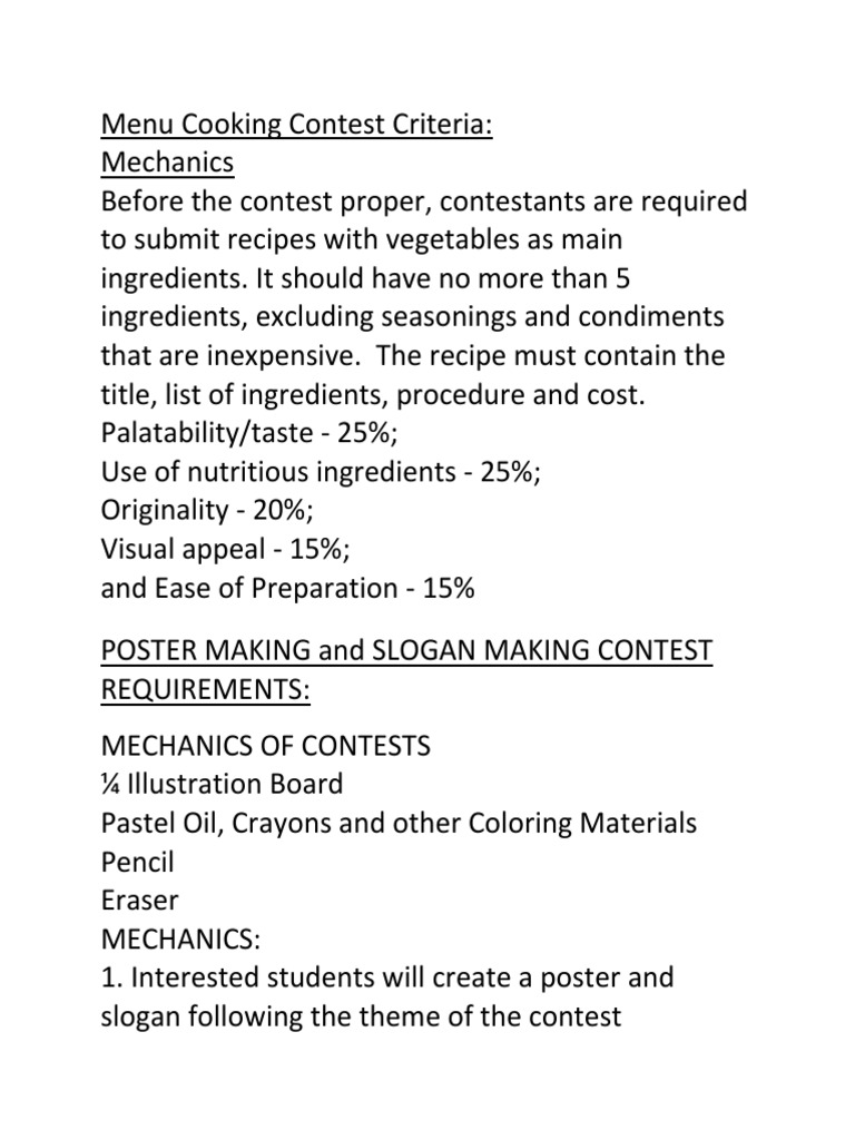 Cooking Contest Criteria Overview | PDF | Food And Drink | Cooking