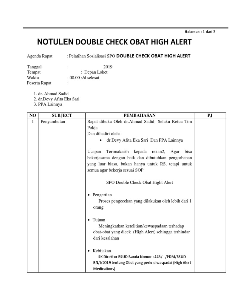 Notulen Double Check Obat Hight Alert | PDF | Pengembangan Diri