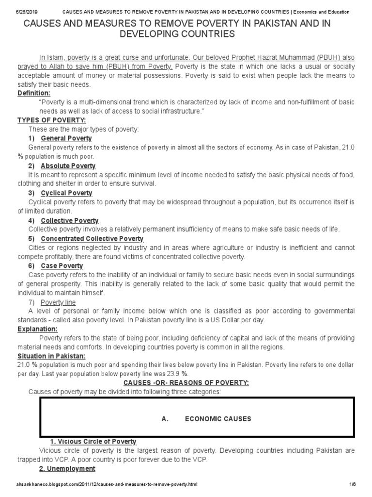 Causes and Measures To Remove Poverty in Pakistan and in Developing ...