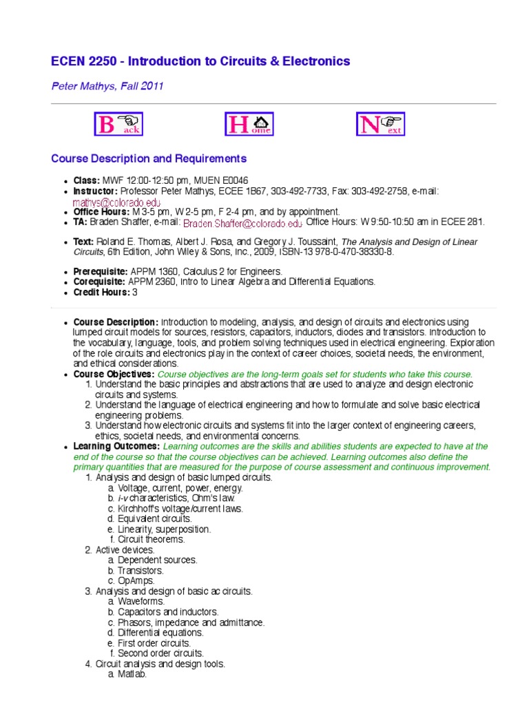 ECEN 2250, Introduction To Circuits & Electronics, Fall 2011 - Course Description PDF | PDF ...