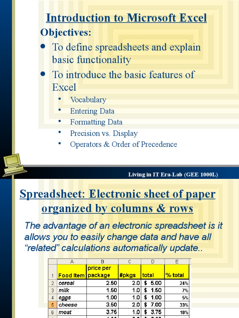 Introduction To Microsoft Excel: Objectives | PDF | Spreadsheet | Microsoft Excel