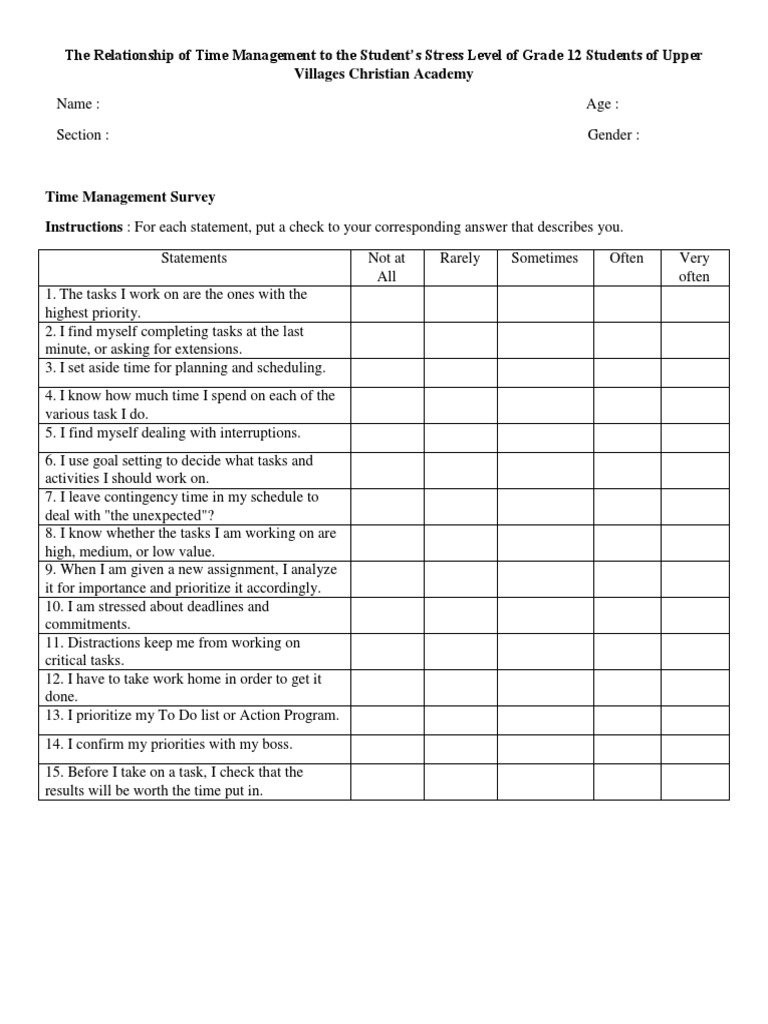 Time Management and Student Stress Survey | PDF | Homework ...