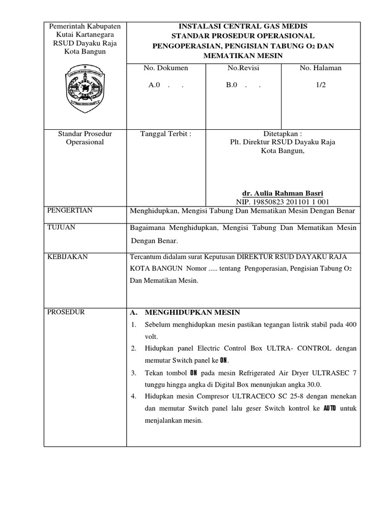 SOP Instalasi Gas Medis RSUD | PDF