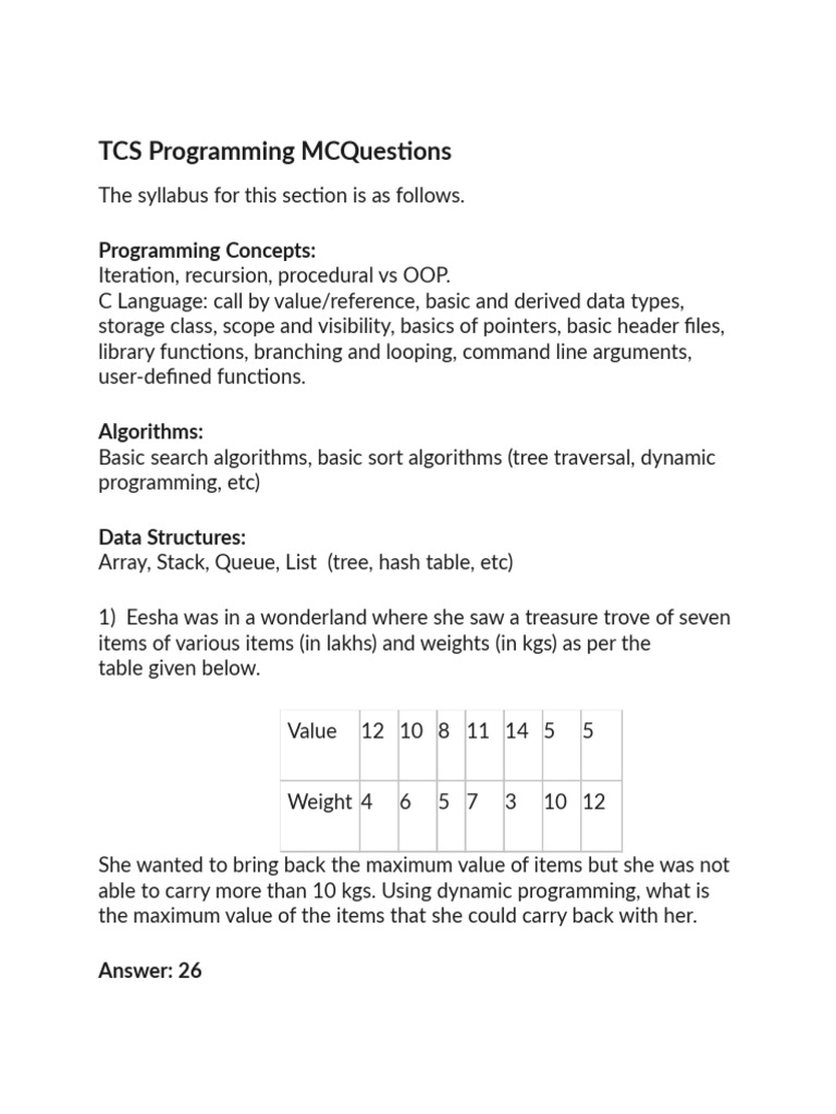 Tcs Programming Mcquestions | PDF | C (Programming Language) | Array Data Structure