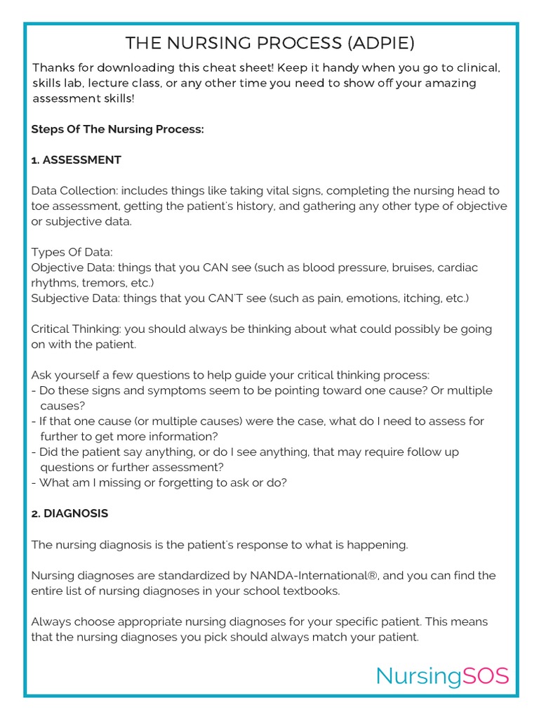 The Nursing Assessment Cheat Sheet (ADPIE) | PDF | Goal | Medical Diagnosis