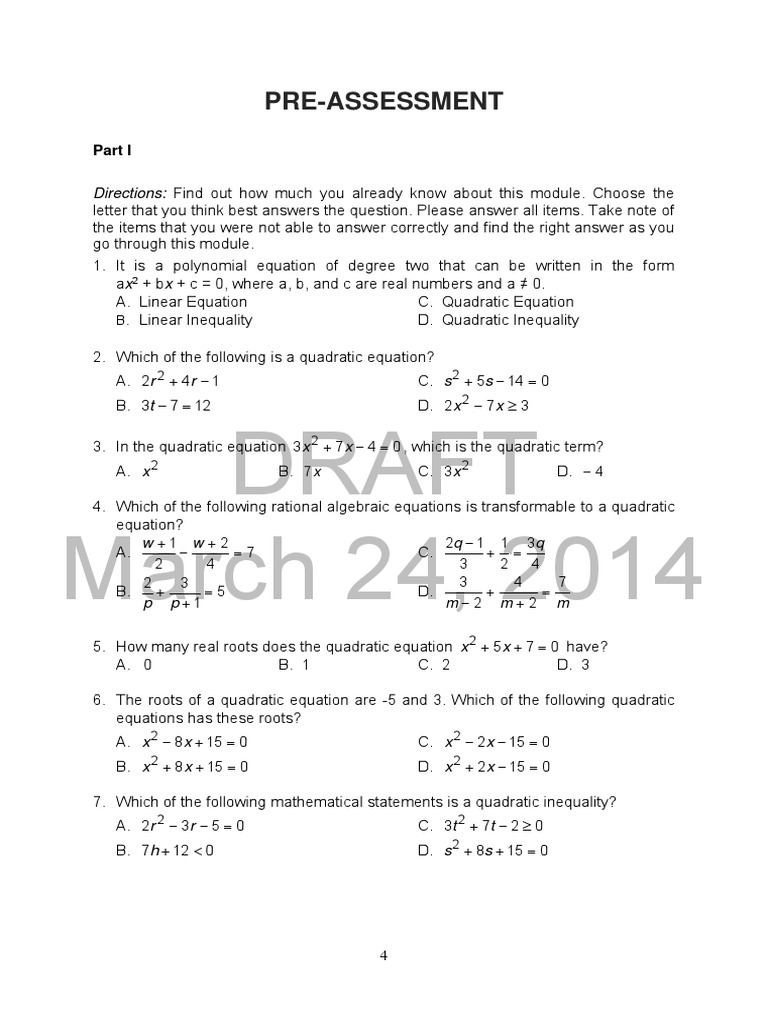 Pre Assessment | Download Free PDF | Equations | Quadratic Equation