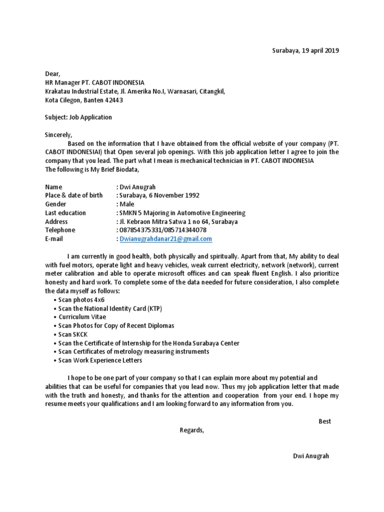 Job Application PT - CABOT INDONESIA | PDF