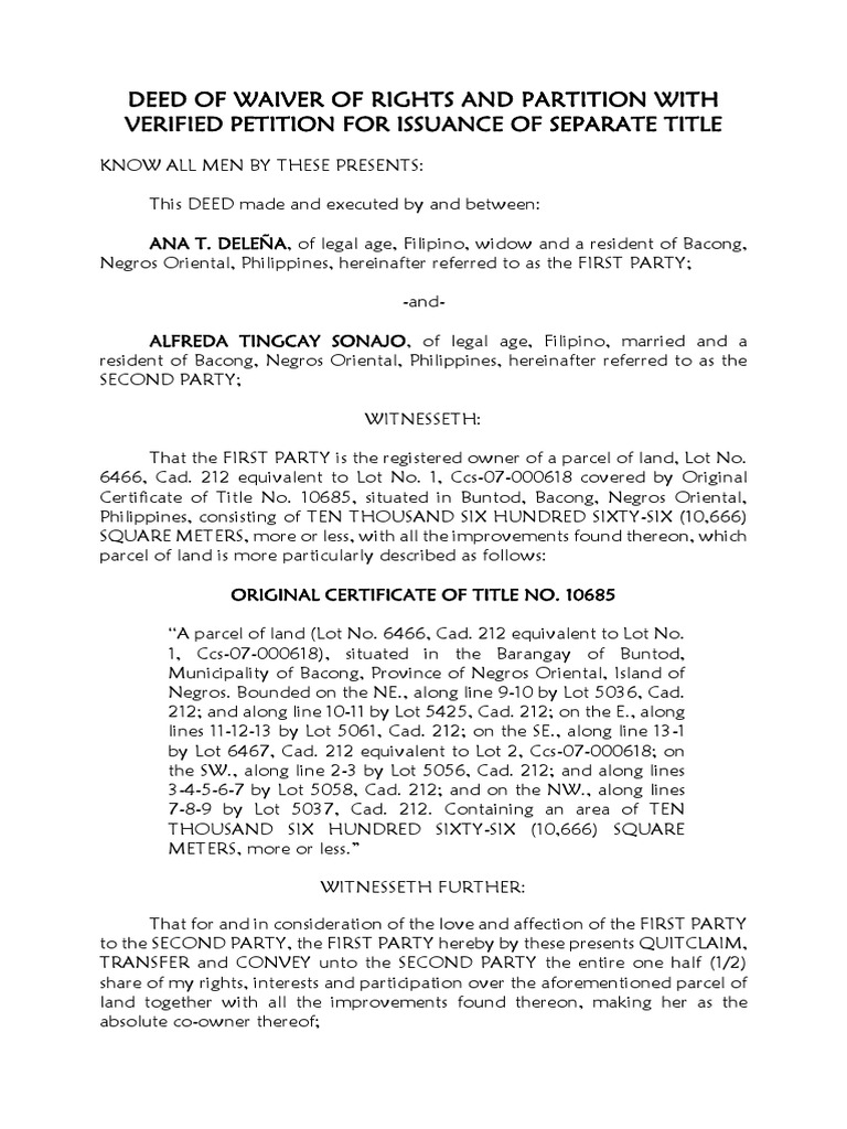 Deed of Waiver of Rights and Partition With Verified Petition For Issuance of Separate Title ...