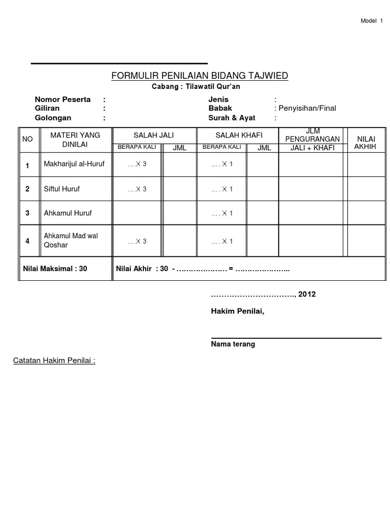 Format Penilaian Lomba MTQ Tilawah | PDF