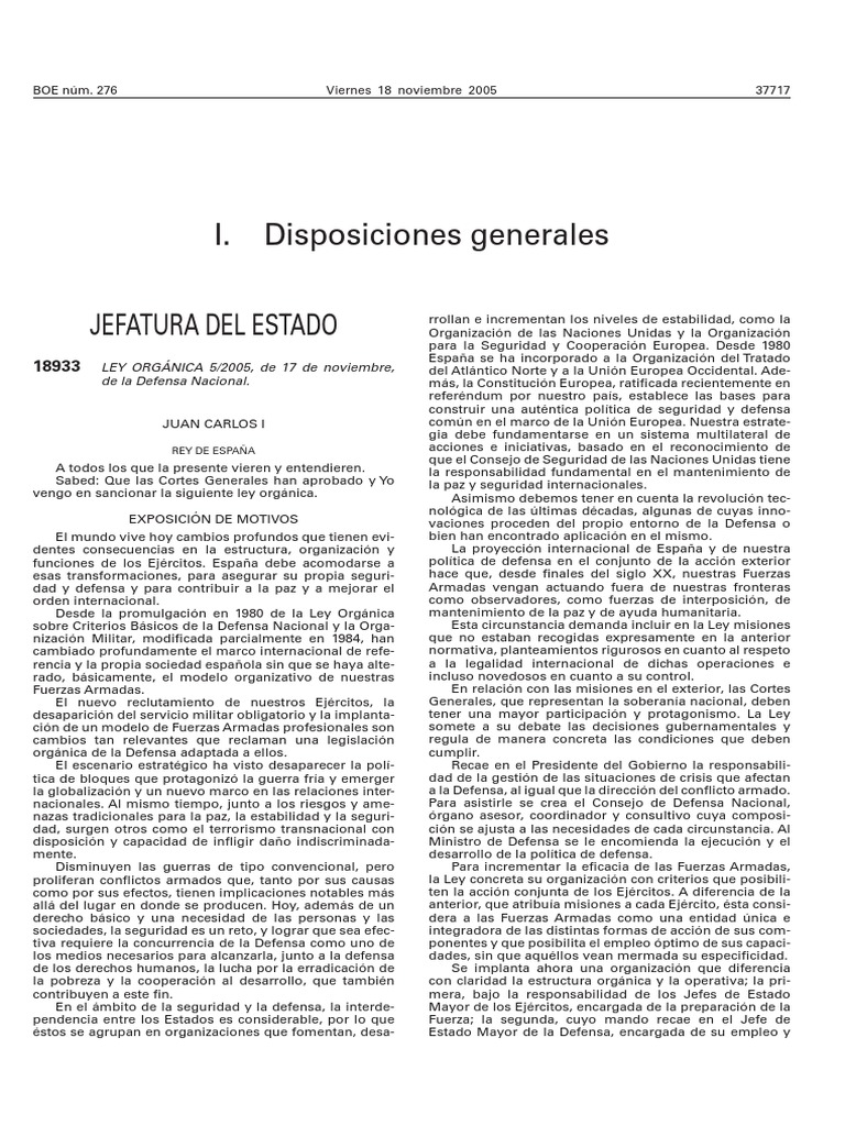 Ley 5 - 2005 Defensa Nacional PDF | PDF | Gobierno de españa | Ejército