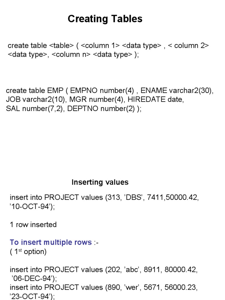 SQL Table Creation and Data Insertion Guide | PDF | Technology & Engineering