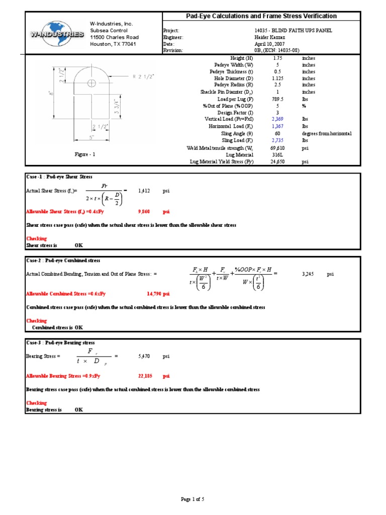 CALCULATIONS Pad Eye Design | PDF | Strength Of Materials | Yield (Engineering)