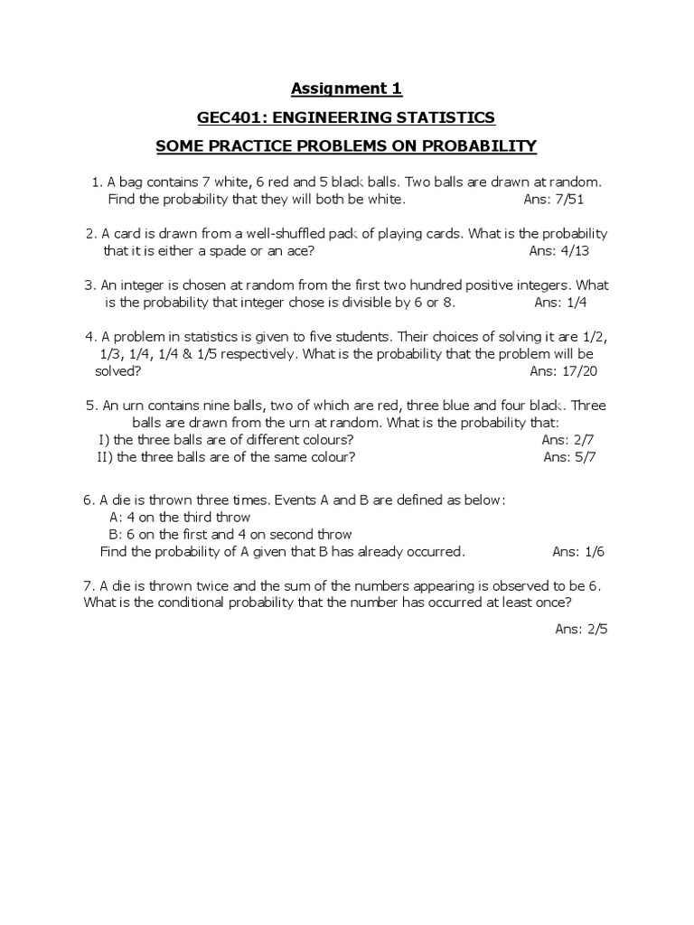 Assignment 1 Gec401: Engineering Statistics Some Practice Problems On ...