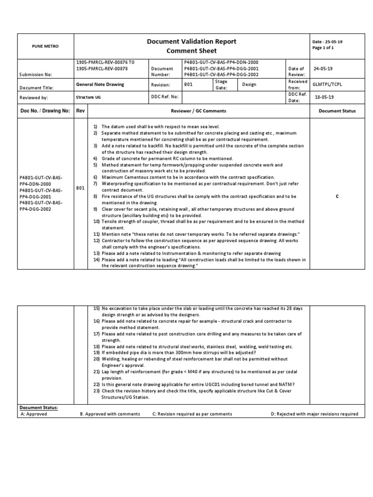 Document Validation Report Comment Sheet: General Note Drawing | PDF ...