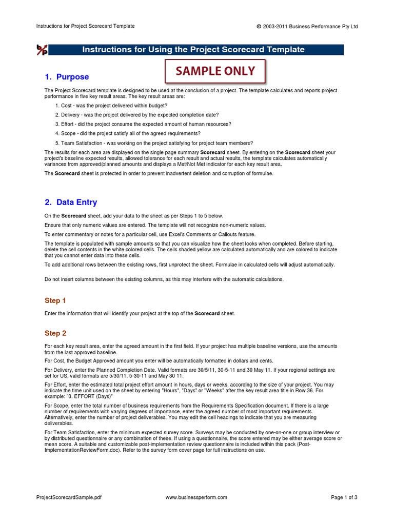Sample Only: Instructions For Using The Project Scorecard Template ...