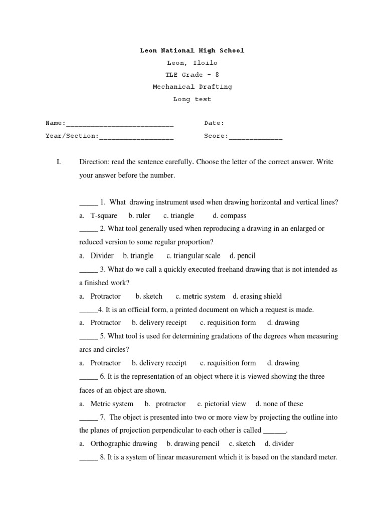 Leon, Iloilo TLE Grade - 8 Mechanical Drafting Long Test: Leon National ...