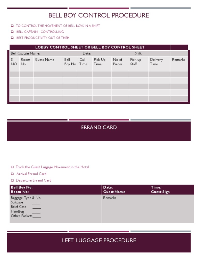 Lobby Control Sheet or Bell Boy Control Sheet | PDF