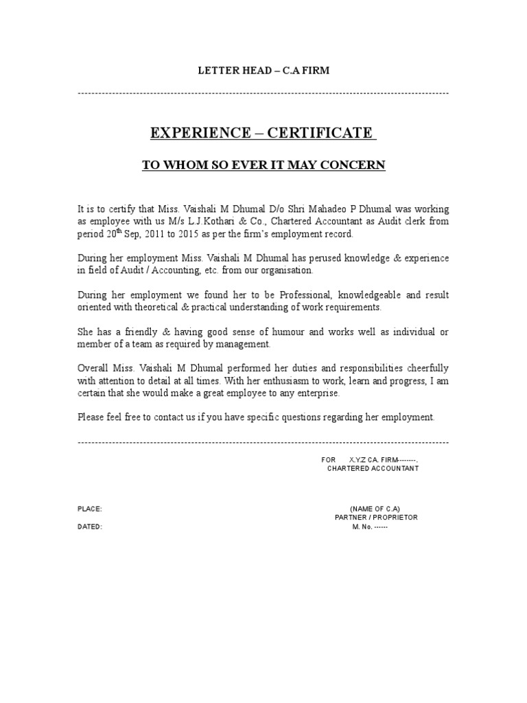 Experience Certificate Letter