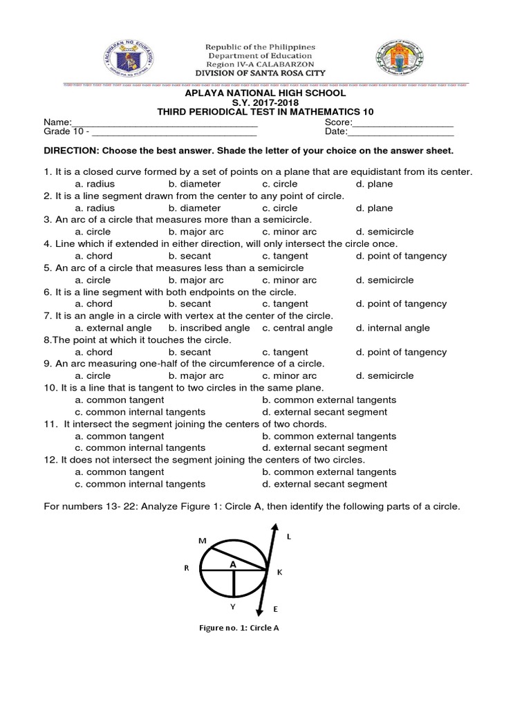 Grade 10 Math 3rd Quarter Test | PDF | Circle | Tangent