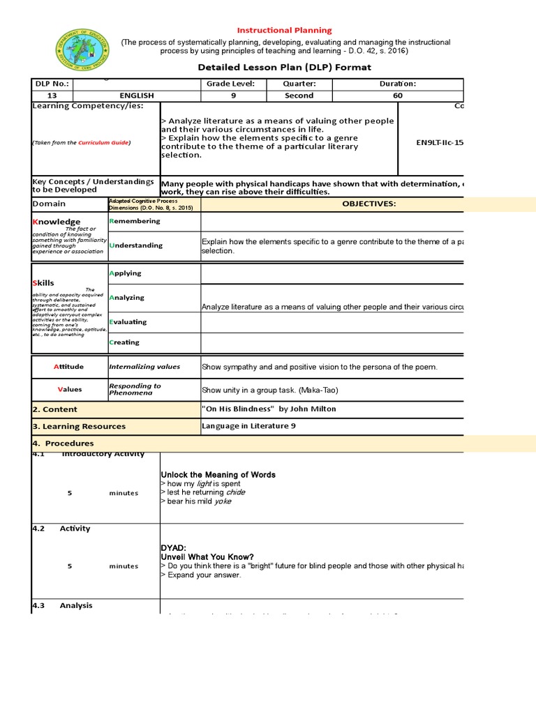 Detailed Lesson Plan (DLP) Format: Instructional Planning | PDF ...