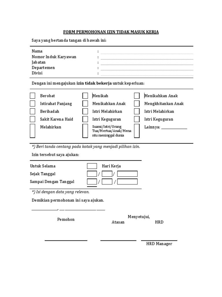 Form Permohonan Izin Tidak Masuk Kerja | PDF