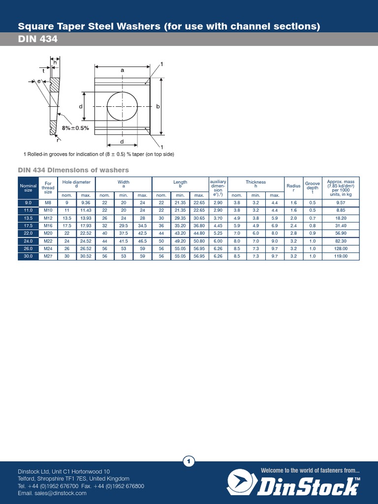 Square Taper Steel Washers (For Use With Channel Sections) DIN 434 | Download Free PDF ...