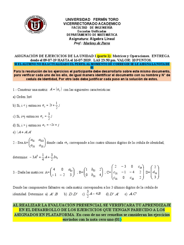 Unidad I-Matrices y Operaciones (Primera Parte) | Descargar gratis PDF | Matriz (Matemáticas ...