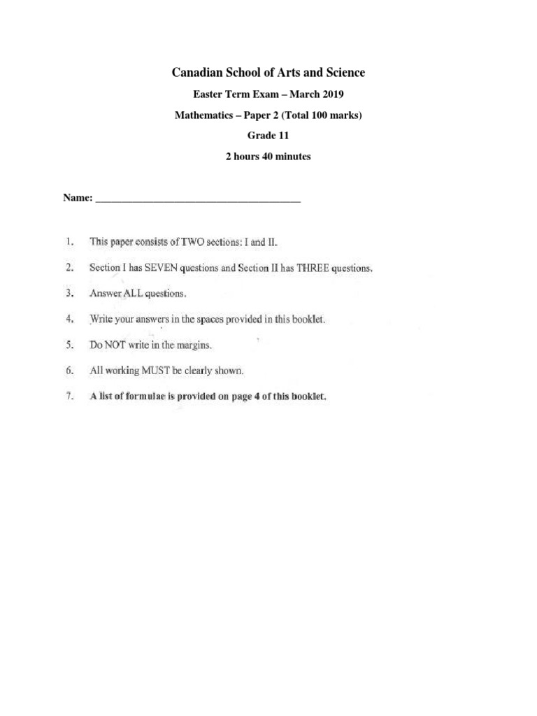 Grade 11 Math Exam | PDF | Area | Elementary Mathematics