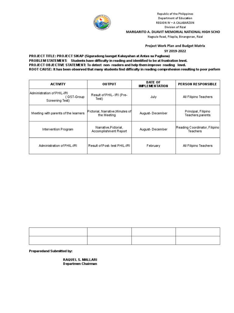 Margarito A. Duavit Memorial National High School Project Work Plan and Budget Matrix SY 2019 ...