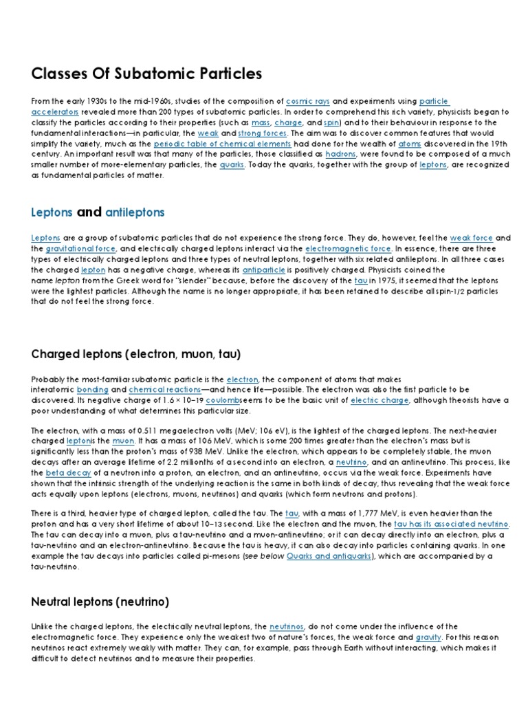 Classes of Subatomic Particles: Leptons Antileptons | PDF | Neutrino ...