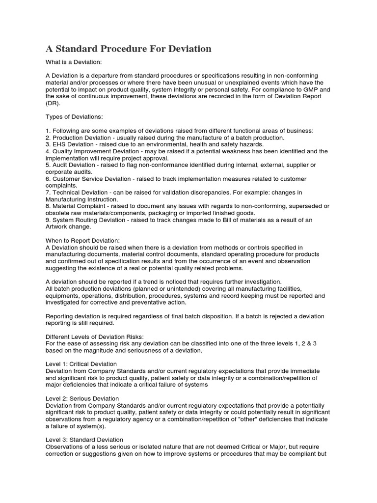 A Standard Procedure For Deviation | PDF | Quality Assurance | Patient ...