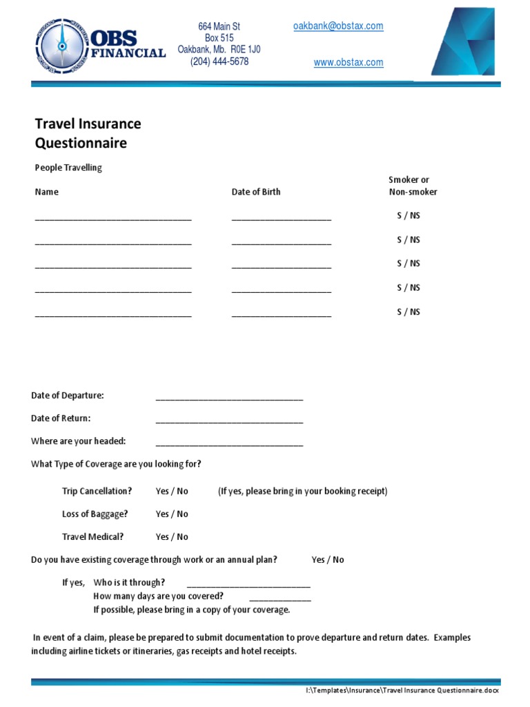 Travel Insurance Questionnaire: 664 Main ST Box 515 Oakbank, Mb. R0E ...